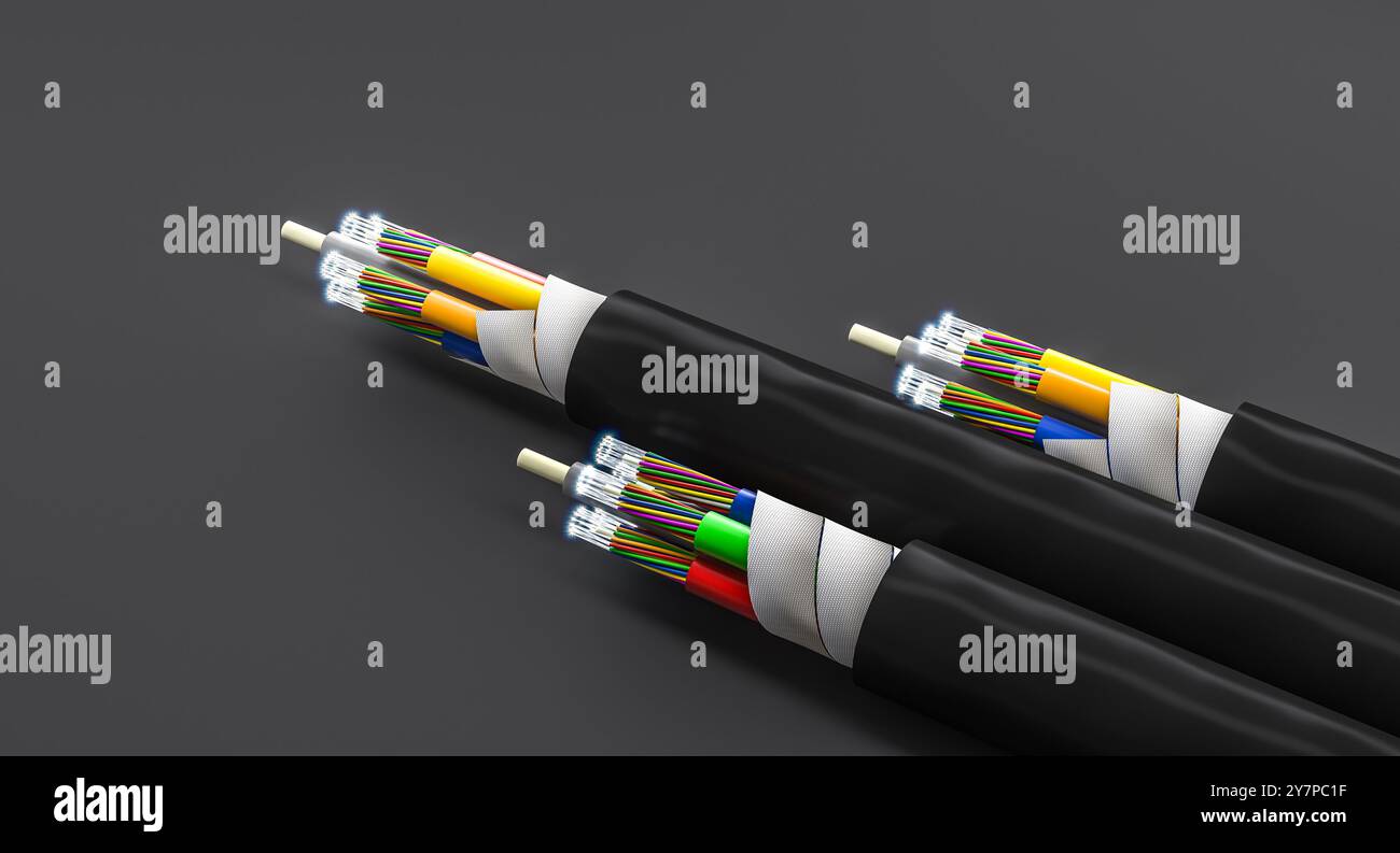 3d rendering fiber optic cables luminous ends on dark background Stock ...