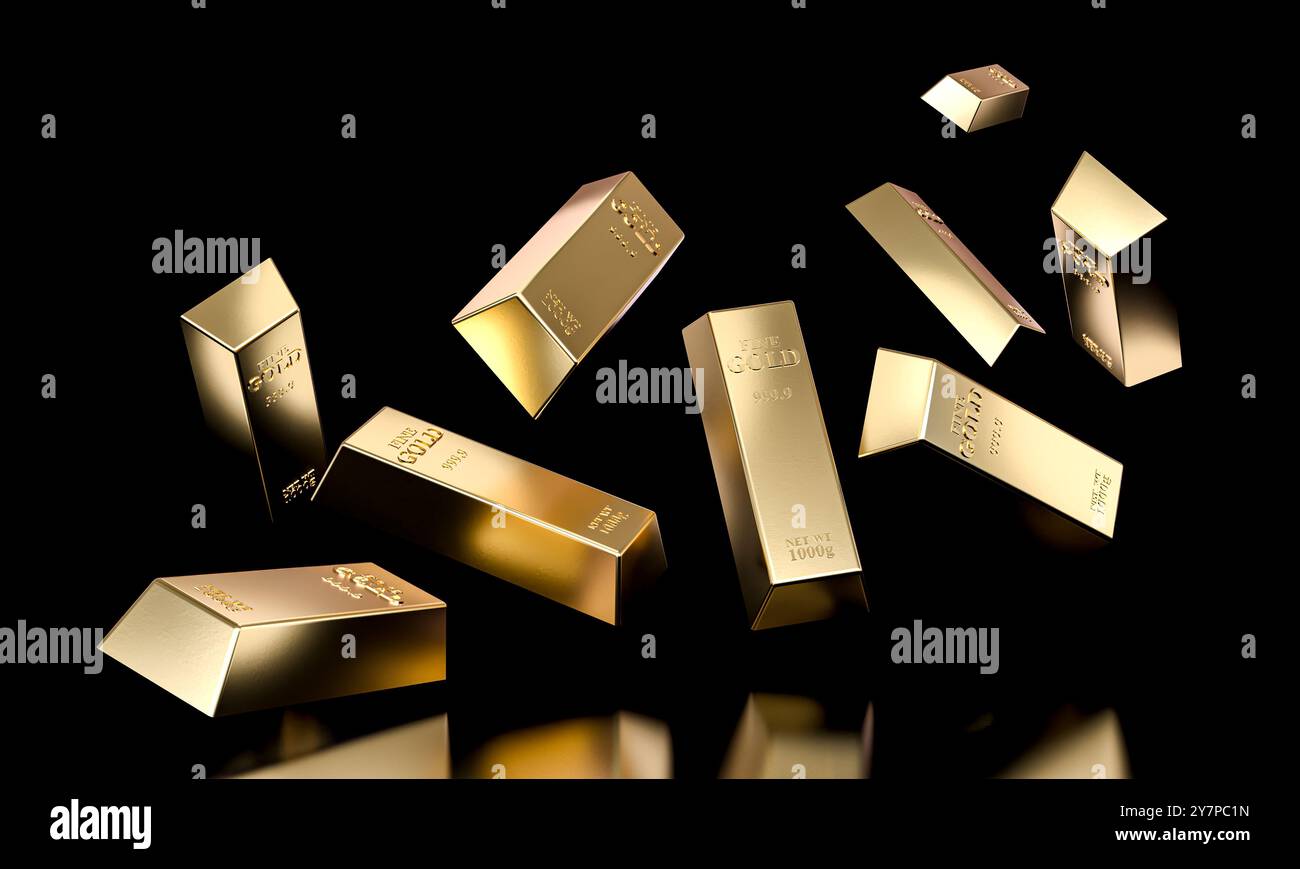Shiny gold bars falling down on black background success concept 3d ...