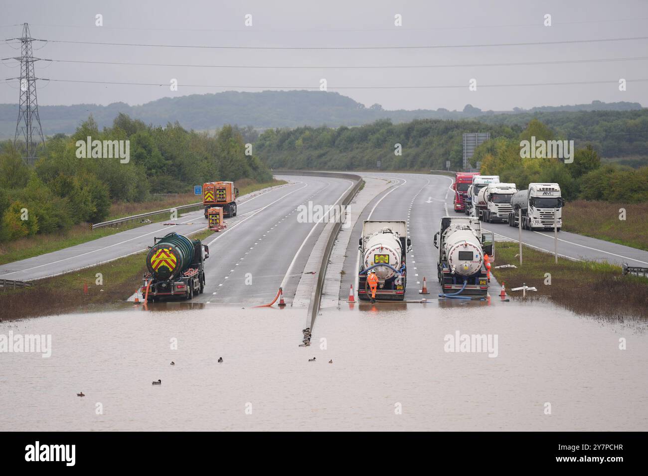 Ducks swim in flood water on the A421 in Marston Moretaine ...
