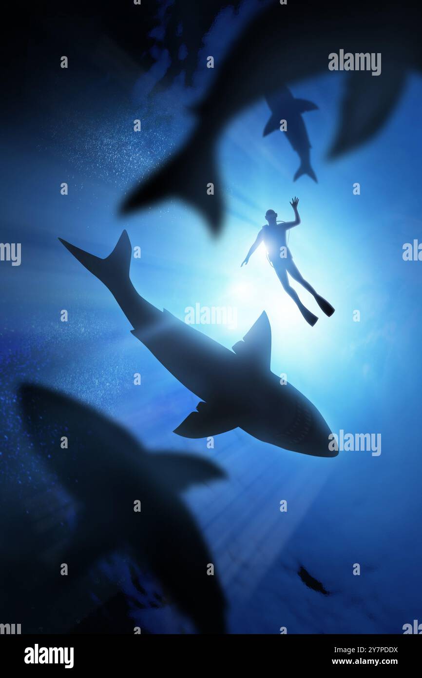 A diver waves to the camera with large great white sharks around him in ...