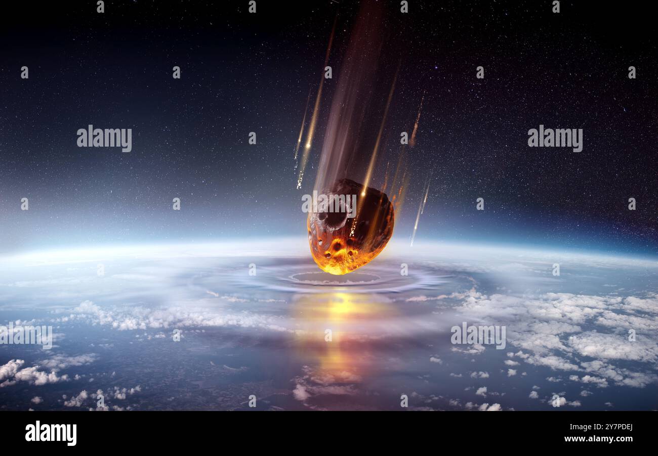 A huge extinction event asteroid hits the earth's atmosphere creating shock waves. Mass ...