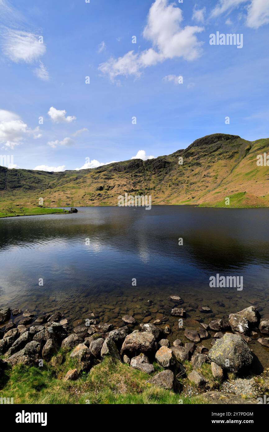 View over Easedale Tarn above the village of Grasmere, Lake District ...