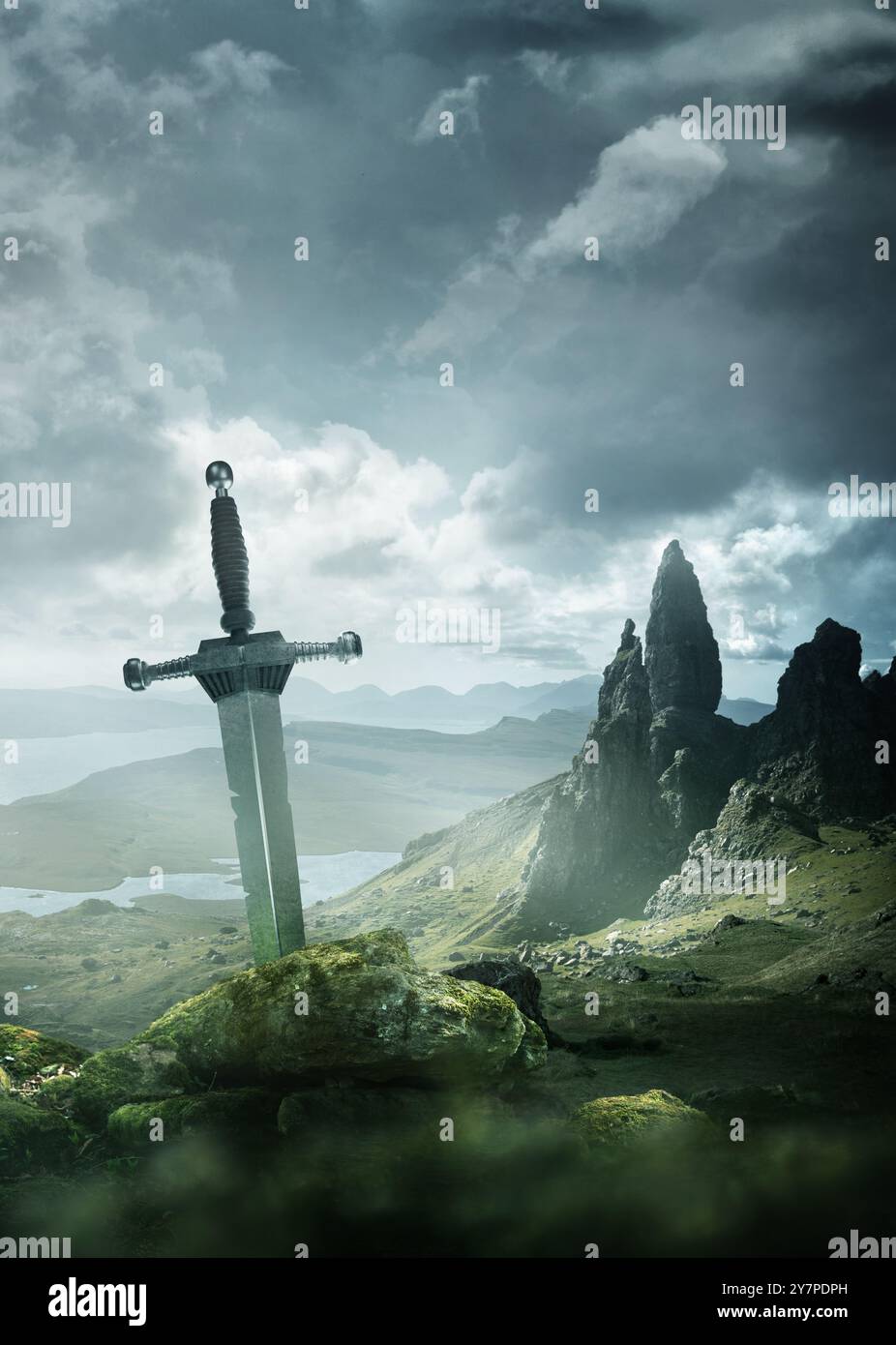 A knights sword stuck in the ground with the rolling mountains from the ...