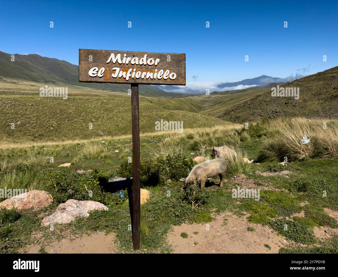 A sign for the Mirador El Infernillo, overlooking the Tafí Valley in ...