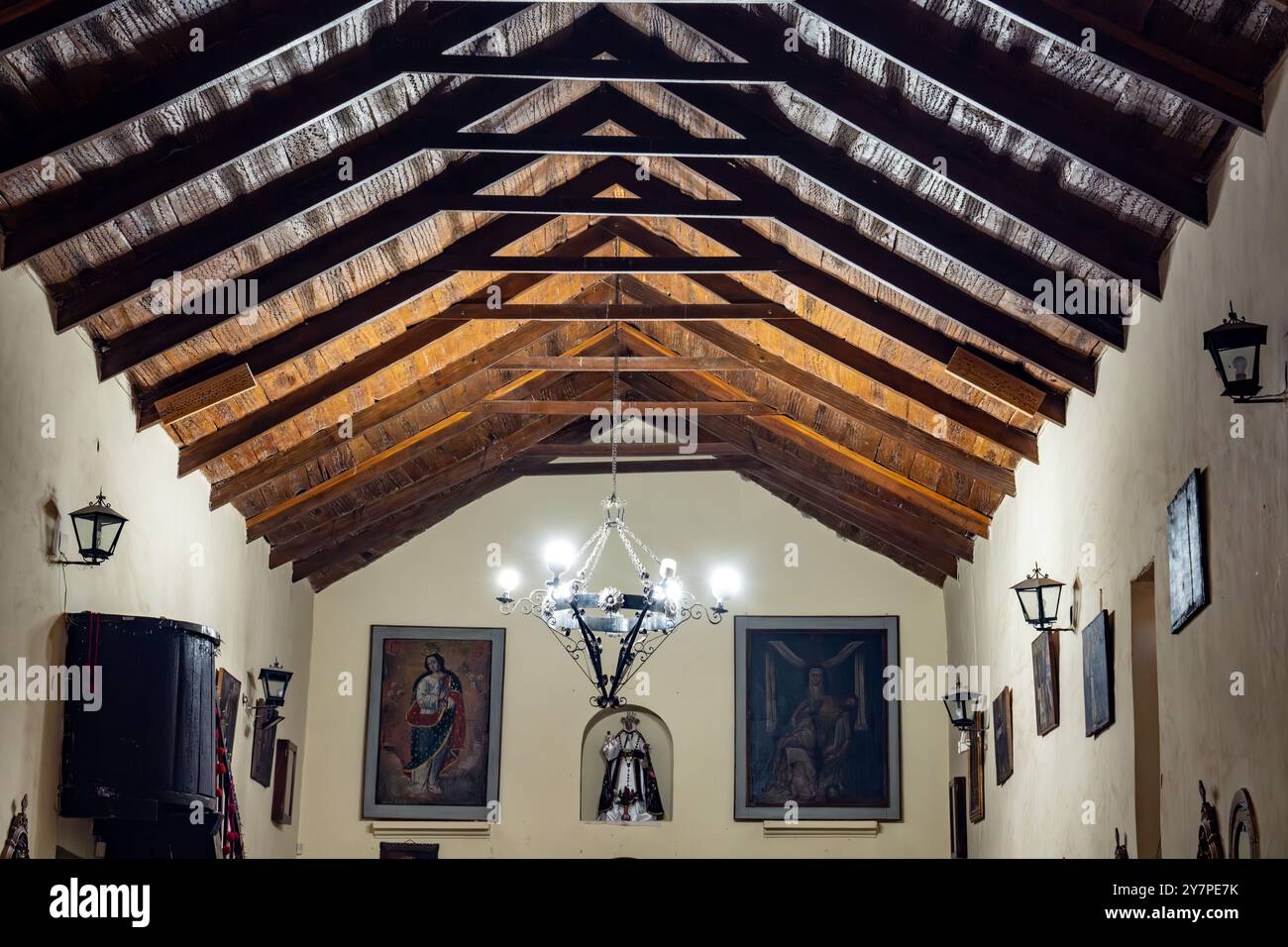 Interior of the Church of Santa Rosa de Lima with its cactus-wood ...