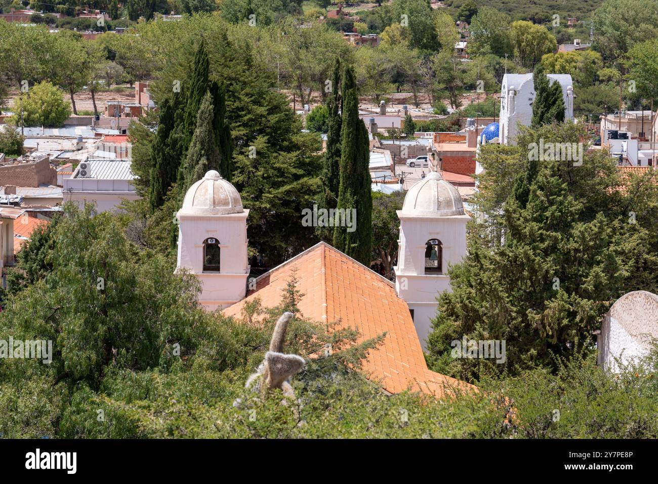 View over the cathedral of Humahuaca from the monument hill. Humahuaca ...