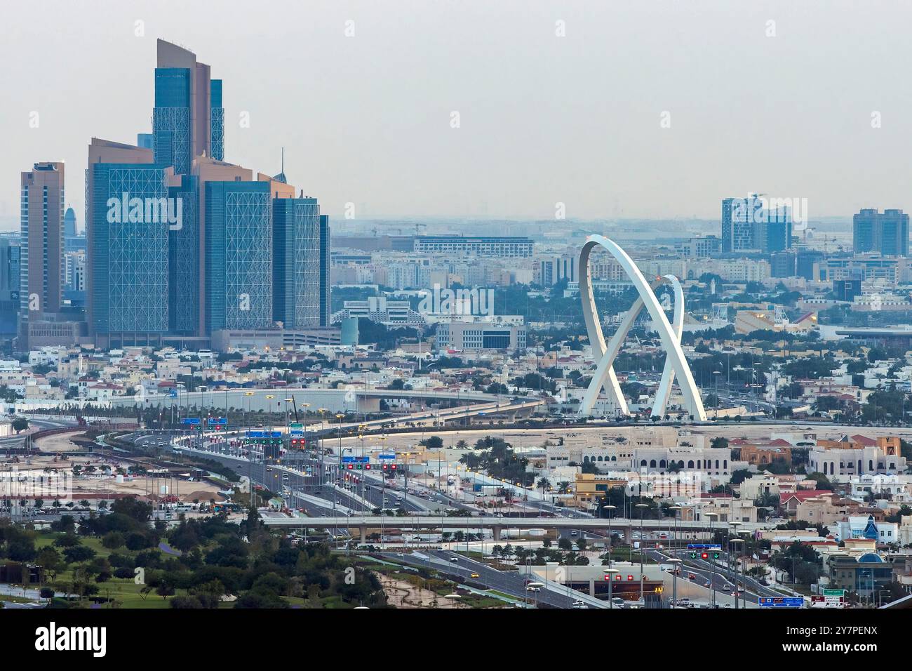 Qatar energy (Qatar petroleum) head office view with wahda bridge ...