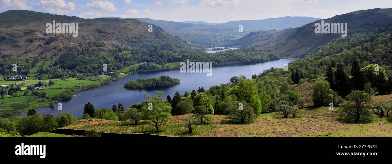High view of Grasmere village and lake from Silver Howe fell, Lake ...