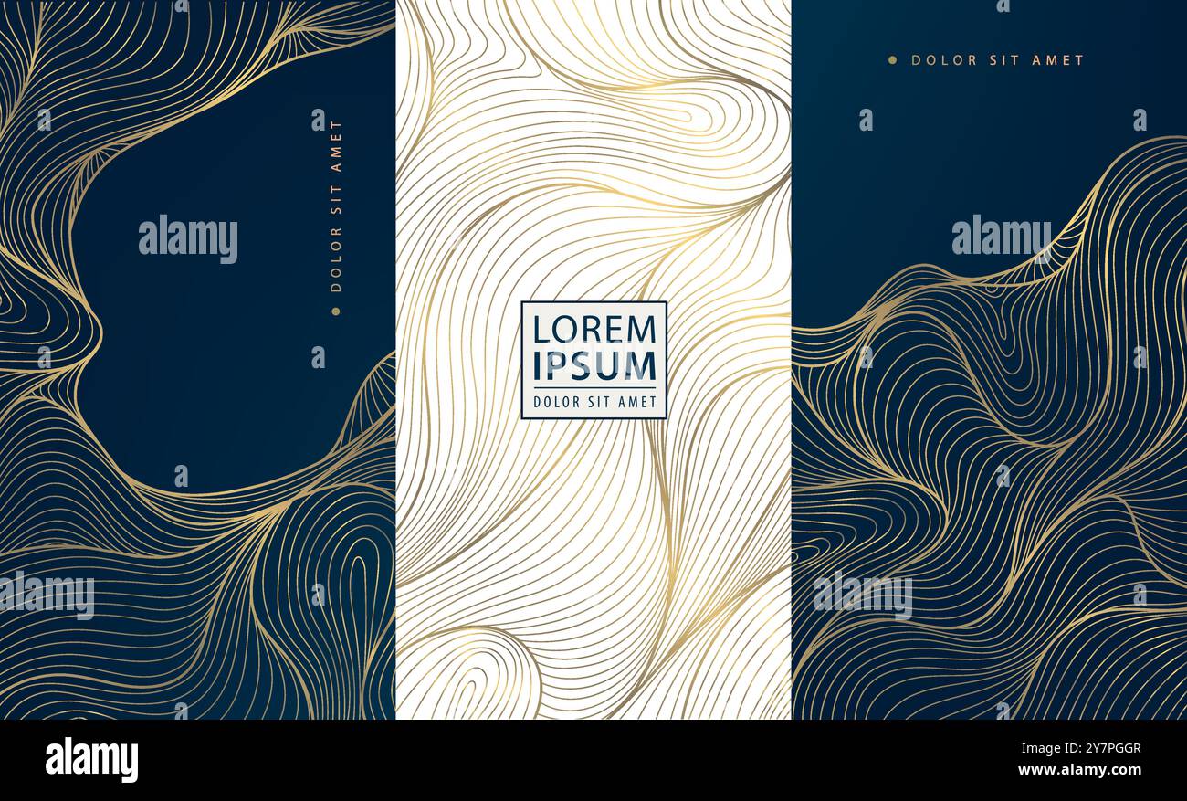 Vector set of elegant glitter sea fames, luxury art deco wave covers ...