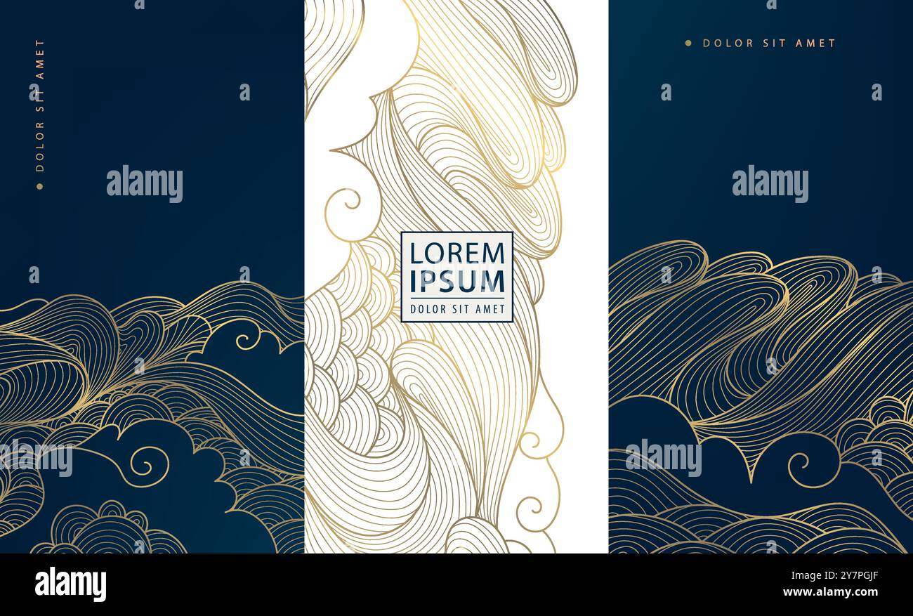 Vector set of elegant glitter sea fames, luxury art deco wave covers ...