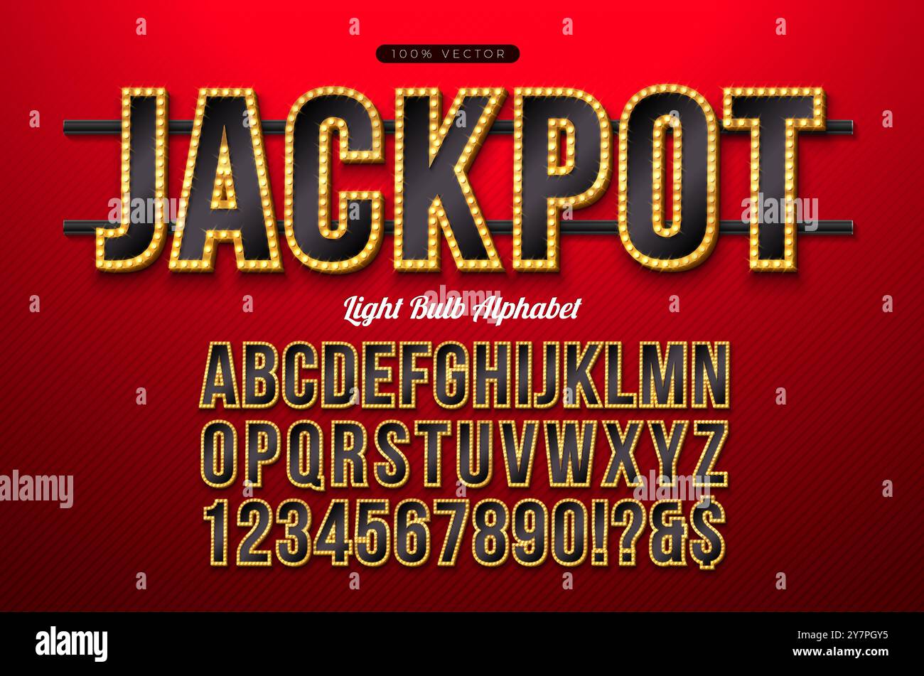 Vector Light Bulb Alphabet with Gold Frame and Shadow on Red Background ...