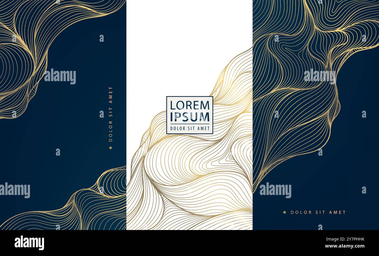 Vector set of elegant glitter sea fames, luxury art deco wave covers ...