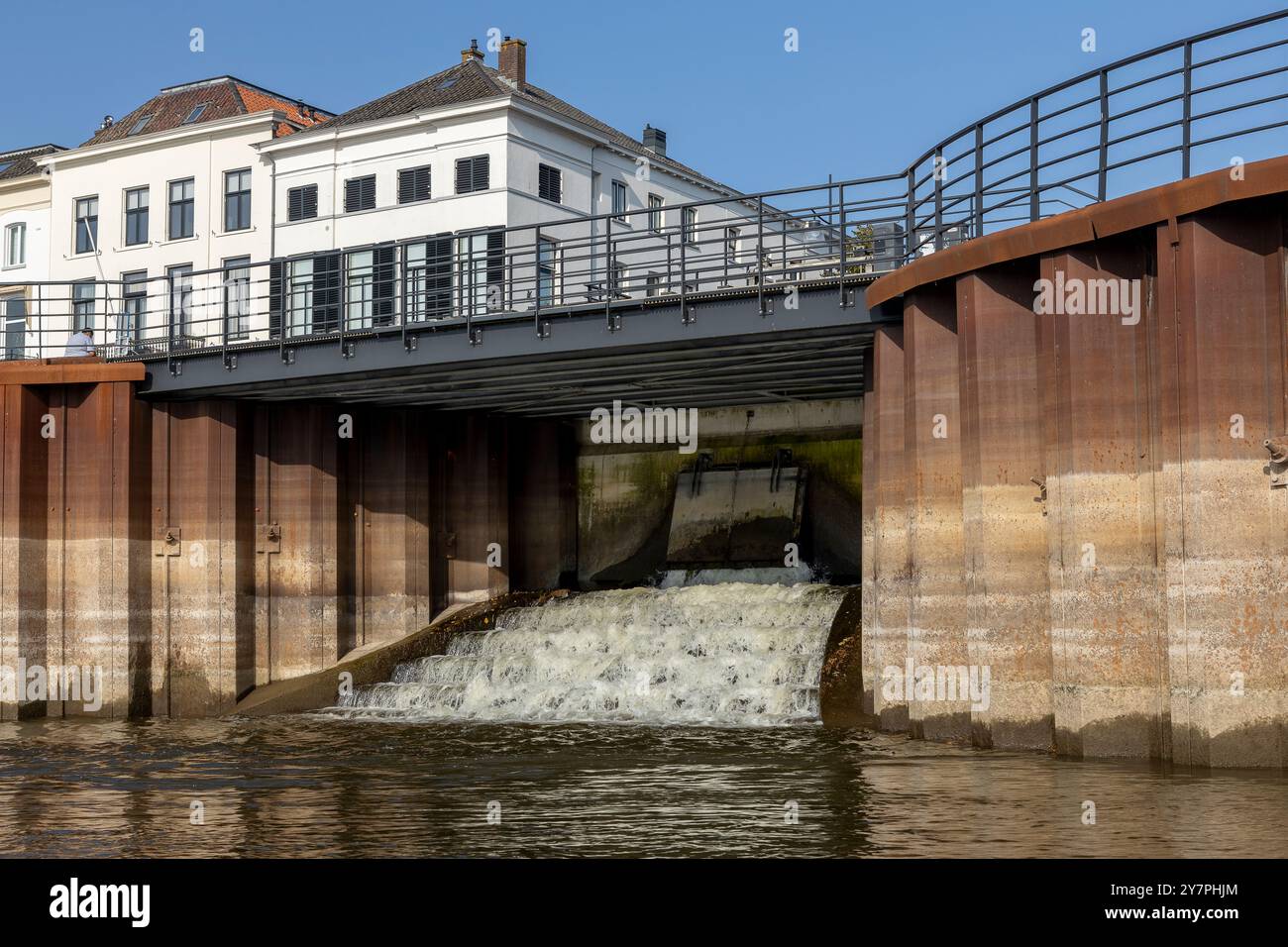 Water of the Berkel waterway spilling into the river IJssel seen from ...