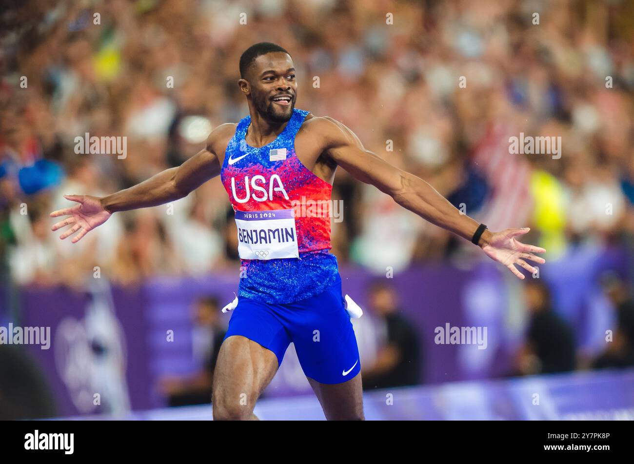 Rai Benjamin winning in the 400 meters hurdles at the Paris 2024 ...
