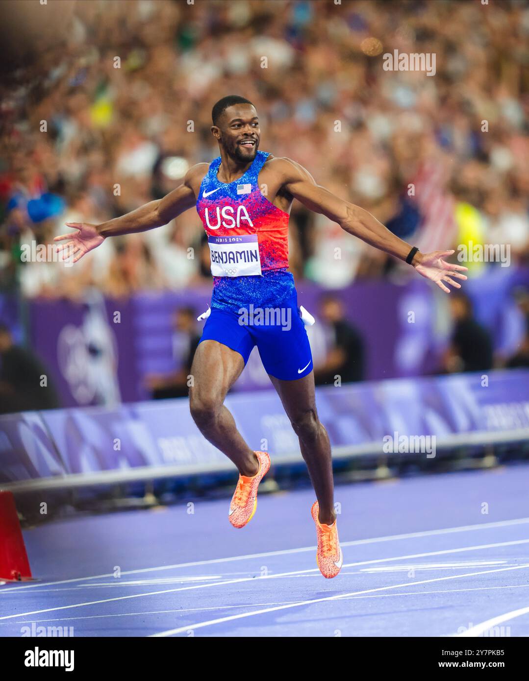 Rai Benjamin winning in the 400 meters hurdles at the Paris 2024 ...