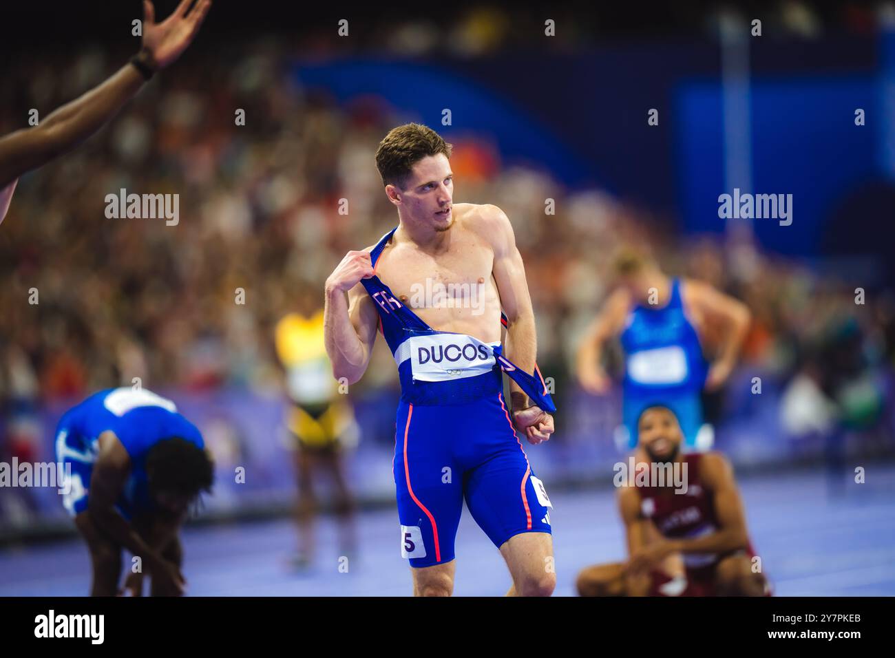 Clément Ducos participating in the 400 meters hurdles at the Paris 2024 ...