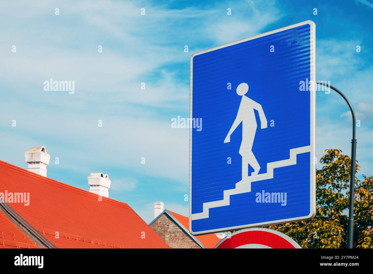 Traffic sign pedestrian stairway or underpass, selective focus Stock ...