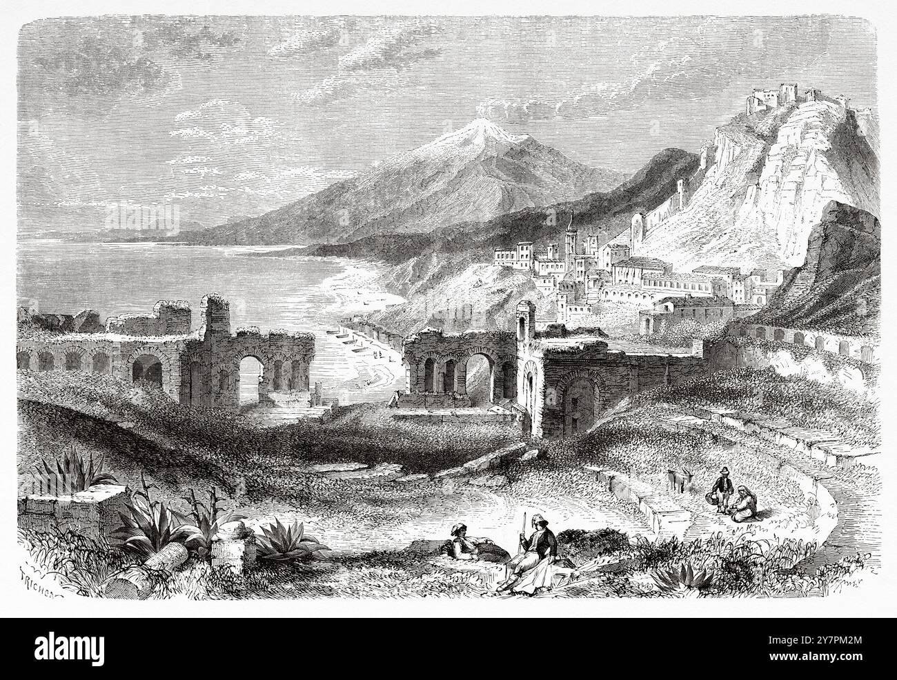 Taormina village and Mount Etna, Sicily island, Italy. Drawing by ...