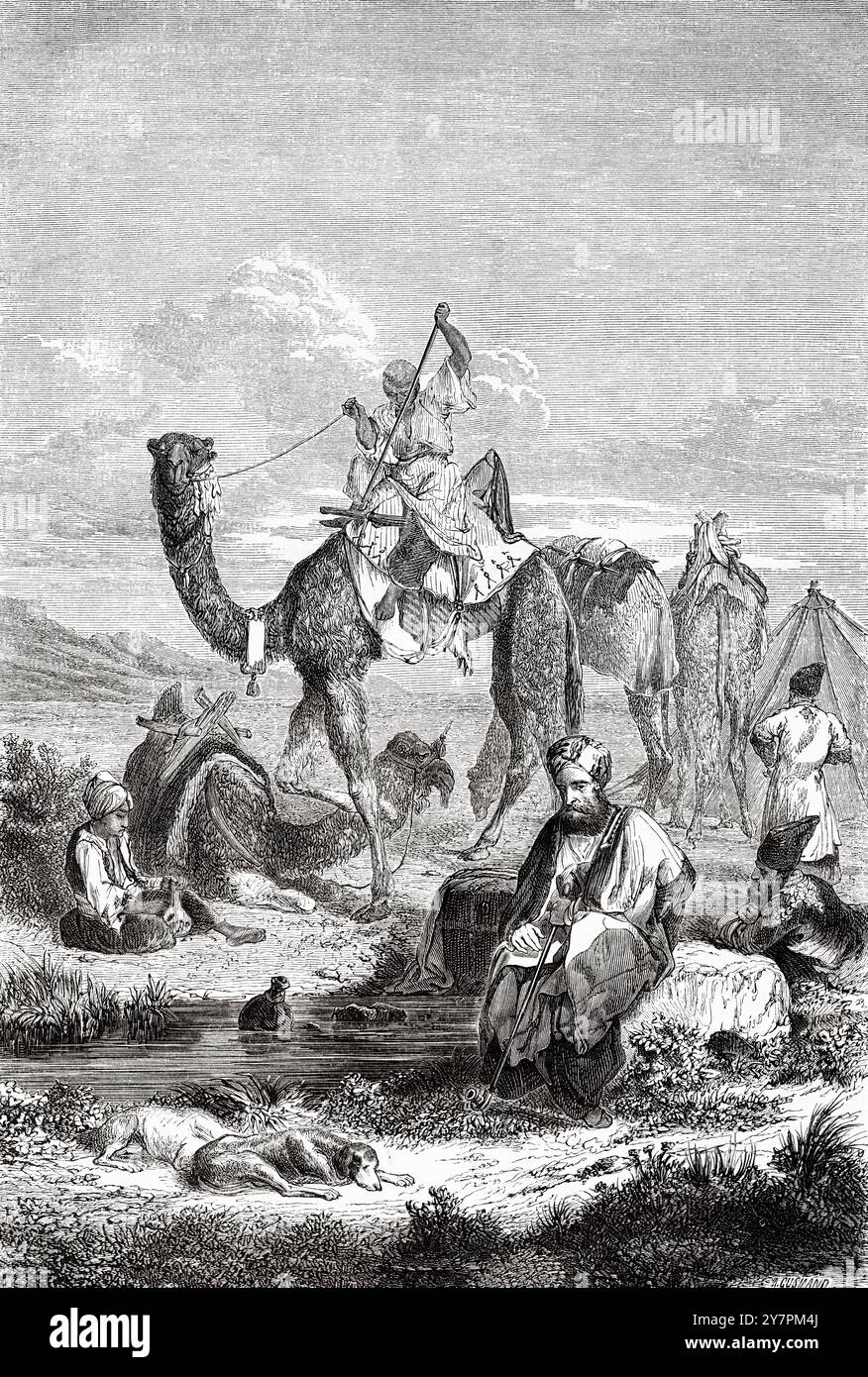 Ancient Persian camel caravan resting on its journey, Iran. Drawing by ...