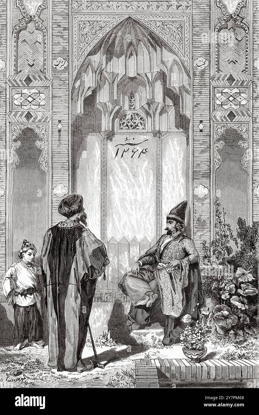 Two men and a child in a courtyard in Tehran, Iran. Drawing by Jules ...