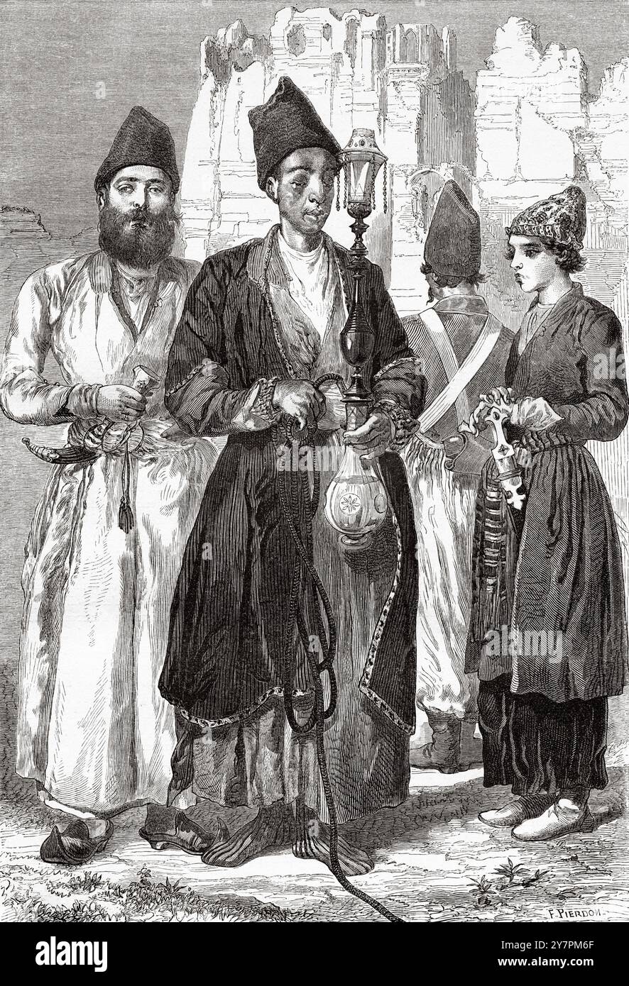 Police officer, pipe carrier, soldier and page, Iran. Drawing by Jules ...