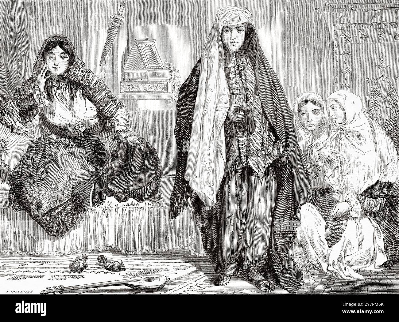 Women wearing house and walking dresses, Iran. Drawing by Jules Laurens ...