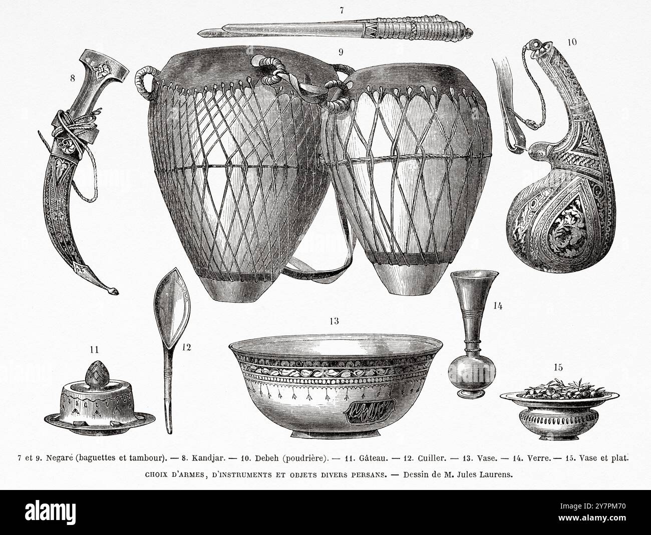 Ancient Persian weapons, instruments and objects. 7 and 9 Negare ...