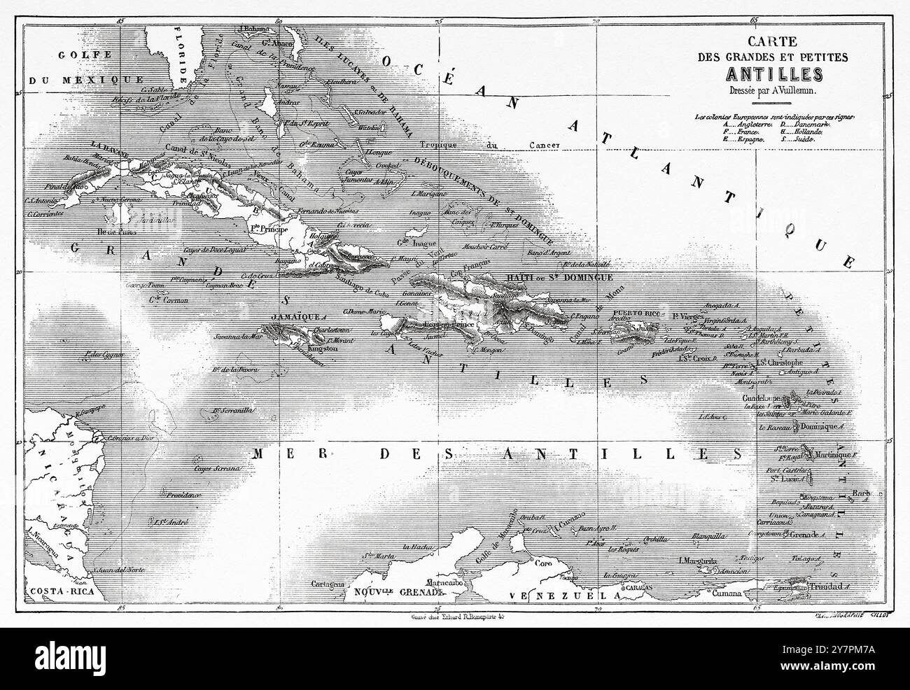 Antique map of the Greater and Lesser Antilles. Drawing by Evremond de ...