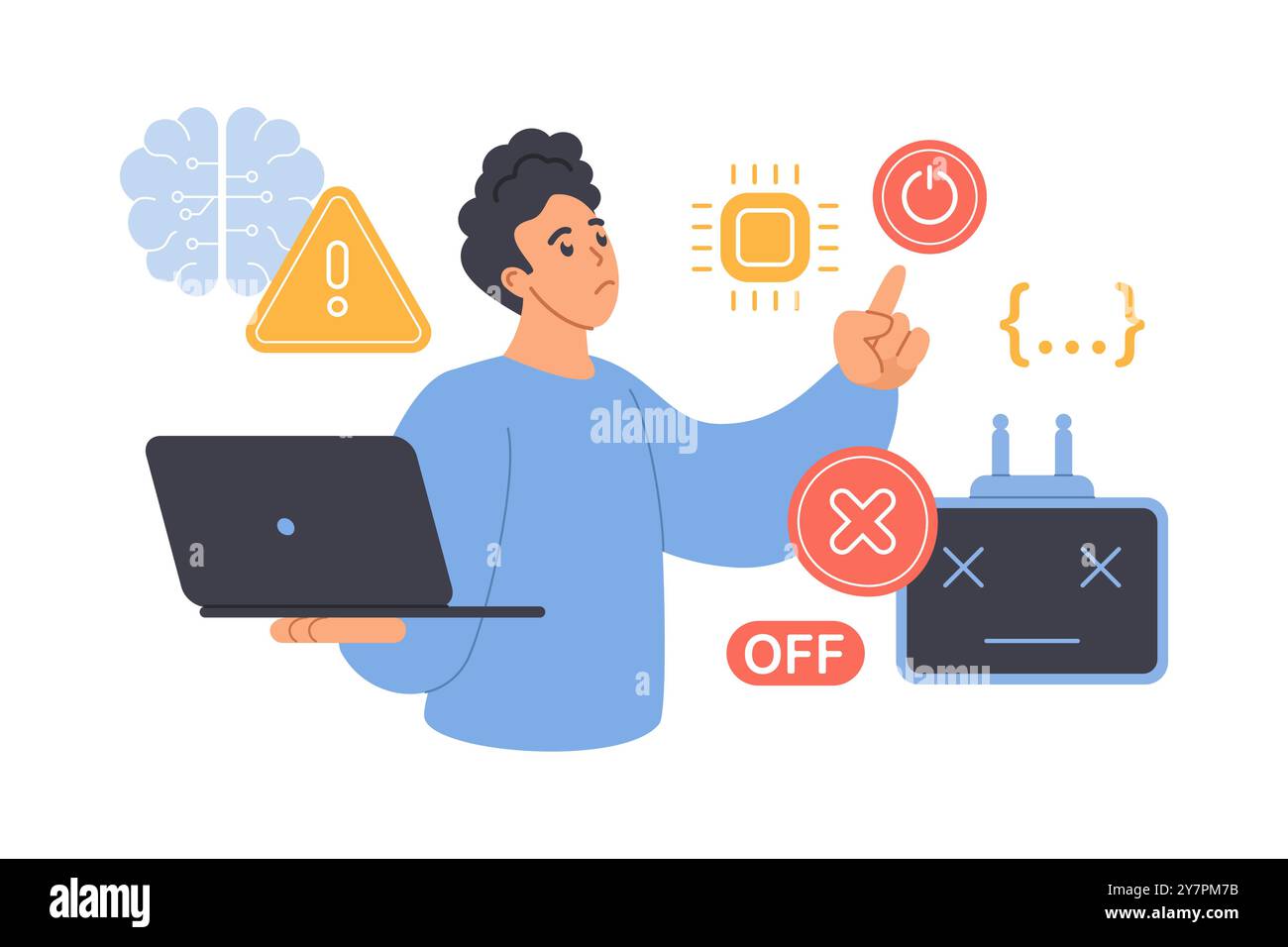 Control and refusal to use AI services. Tiny man with laptop pressing red off button, cross over ...
