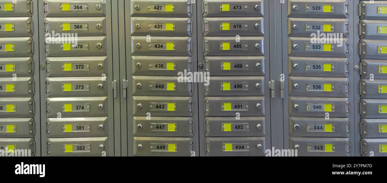 Spanish Post office boxes at the post office. The mail boxes are lined ...