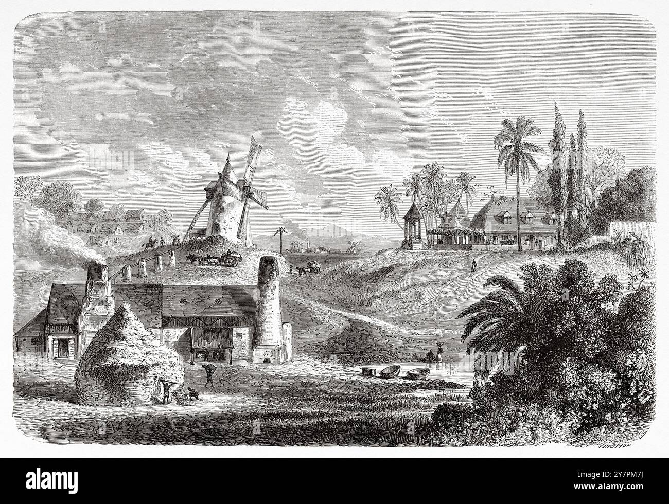 Sugar factory with windmill, Guadeloupe, France. Drawing by Evremond de ...