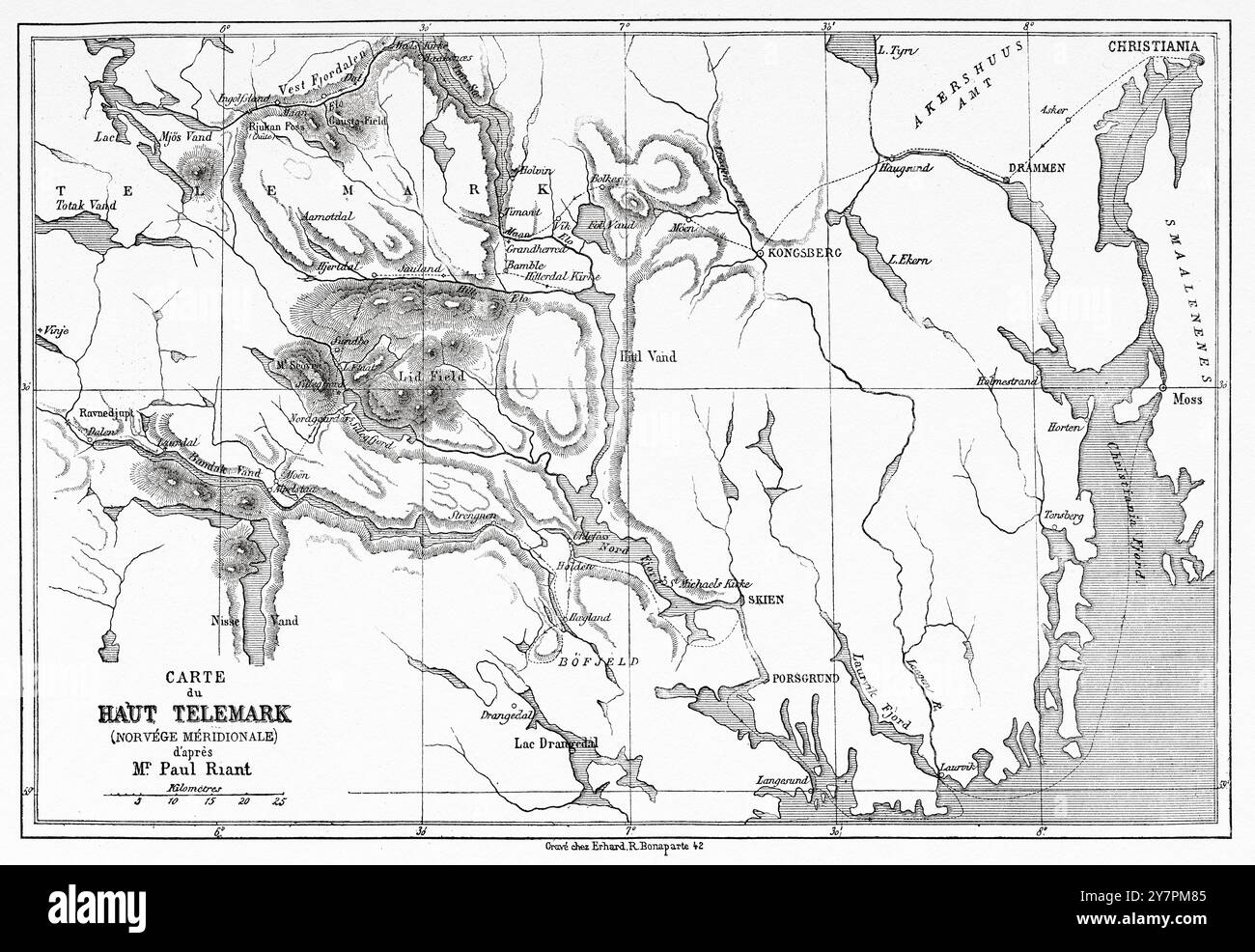 Ancient map of Telemark county, Norway. Travel in the Scandinavian ...