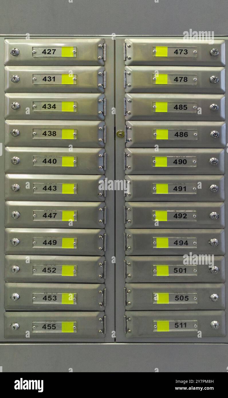 Spanish Post office boxes at the post office. The mail boxes are lined ...