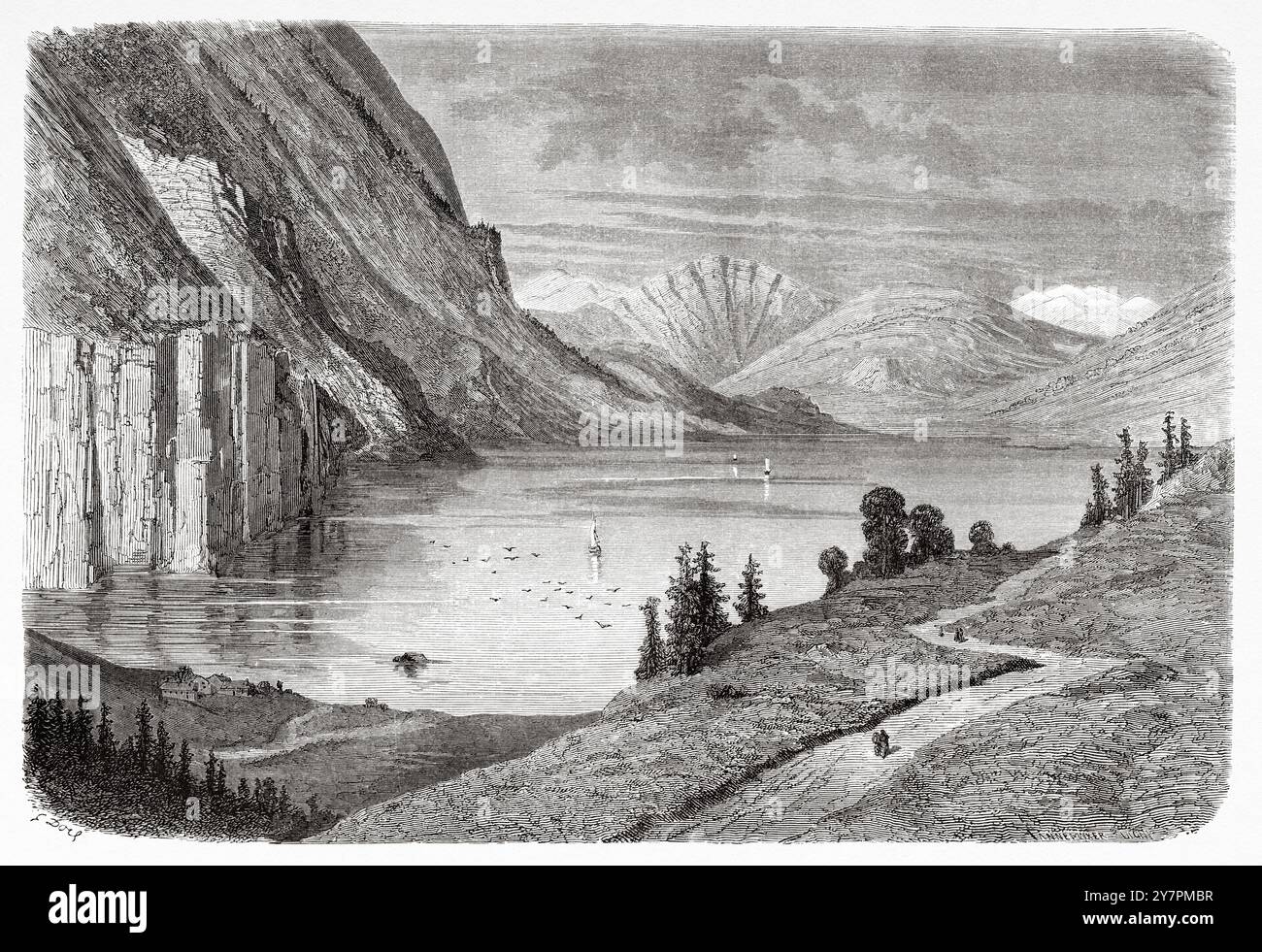 View of Flaa lake, Norway. Drawing by Gustave Dore (1832-1883) Travel ...