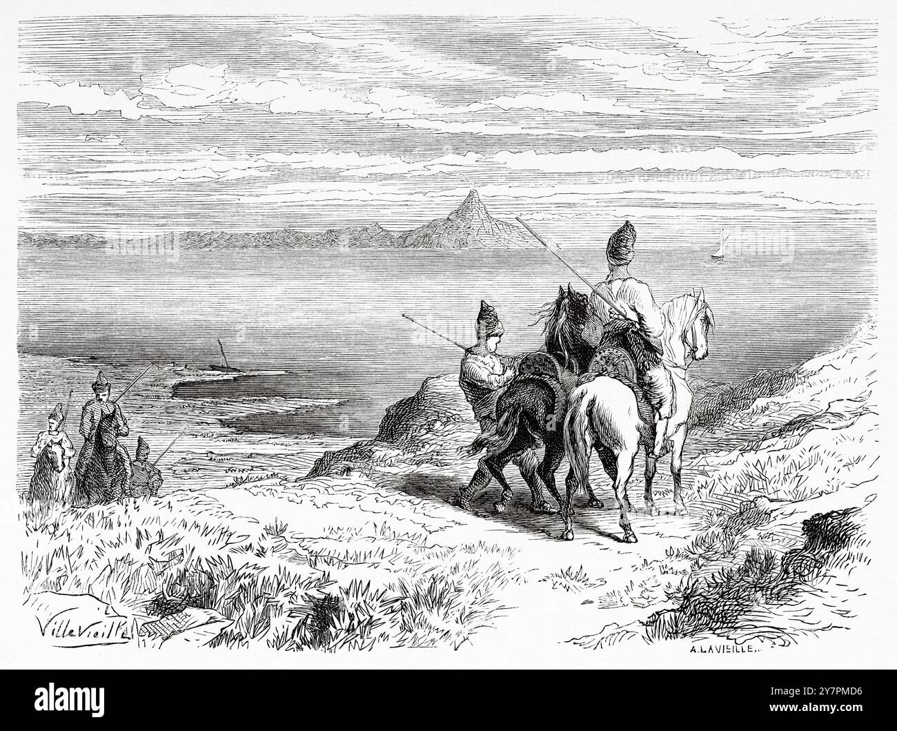 General view of Mount Athos, Athos peninsula. Greece. Drawing by Joseph ...