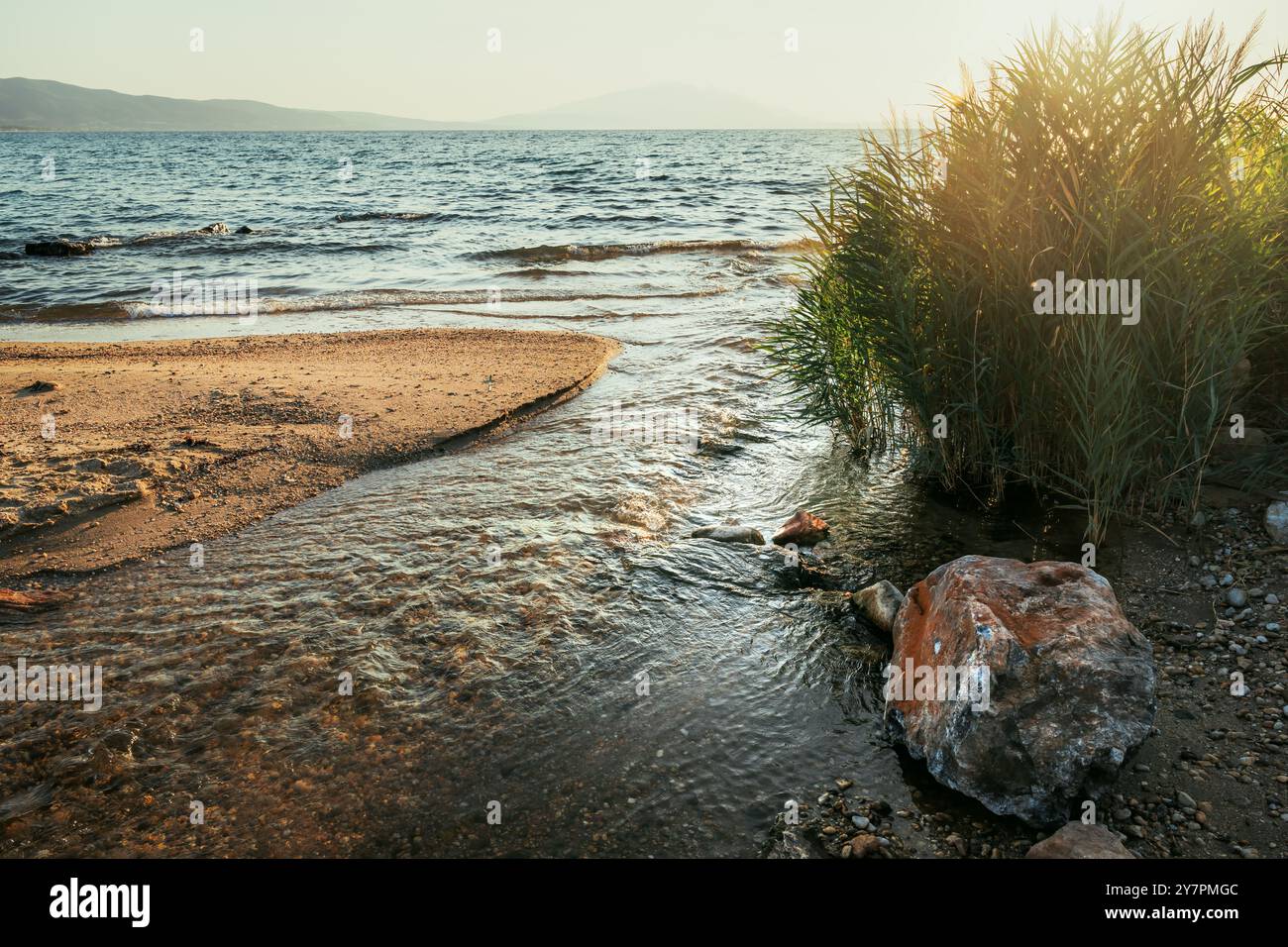 Richeios river mouth, one of the oldest rivers in Greece, flowing from ...