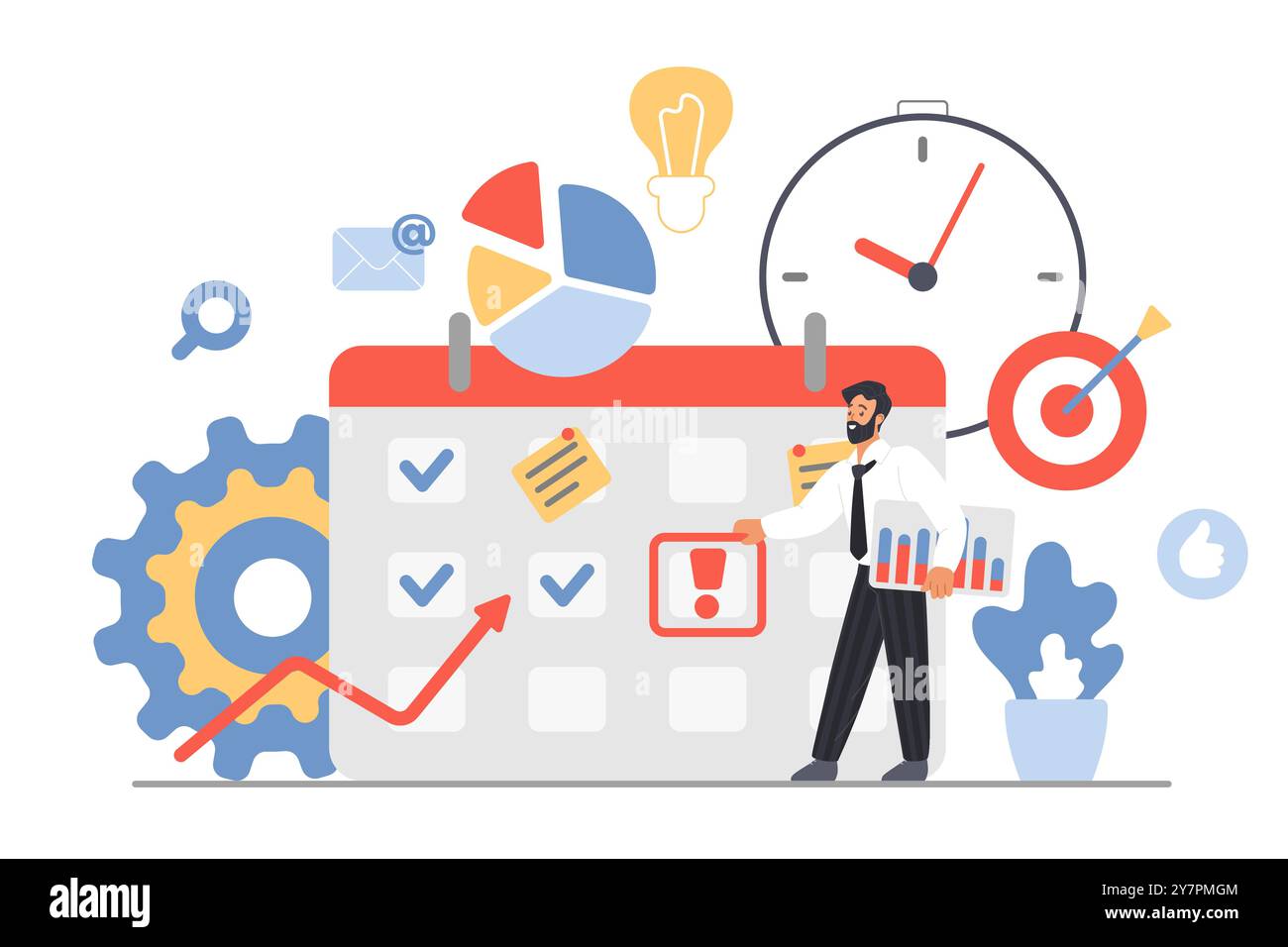 Project management, automation of goal task planning. Tiny businessman ...