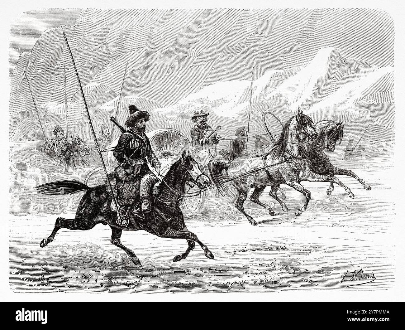 Traditional chariot and rider riding a horse, Russia. Drawing by Jean ...