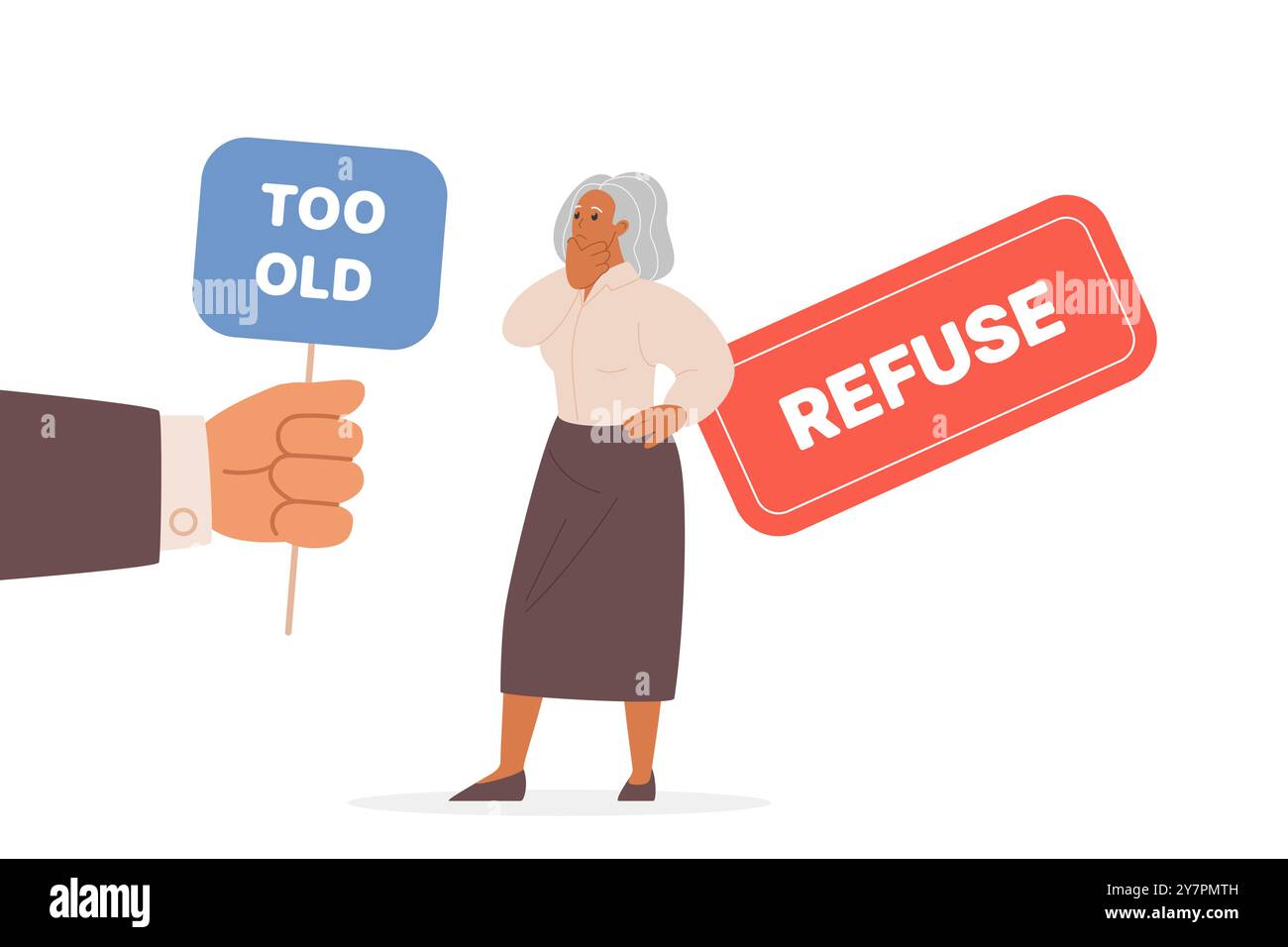 Ageism and discrimination problem in hiring senior person. Tiny sad ...