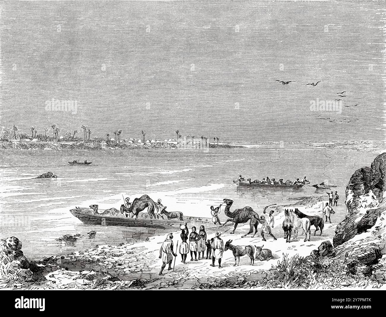 Boats transporting people, merchandise and animals on the Niger River ...