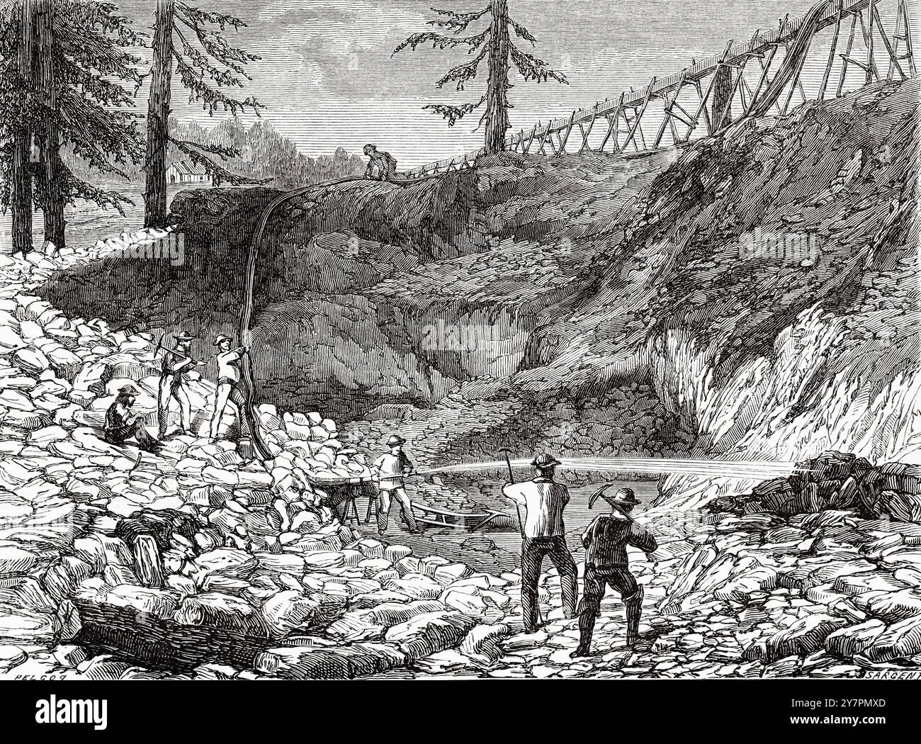 Hydraulic gold mining. California. United States of America. Drawing by ...