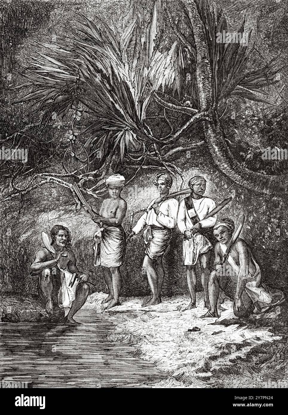 Burmese native men in a forest, Burma, Myanmar. Southeast Asia. Drawing ...