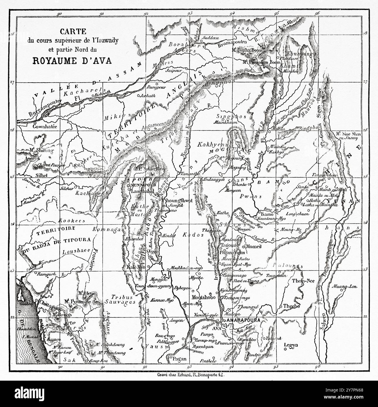 Ancient map of the upper course of the Irrawaddy River and northern ...