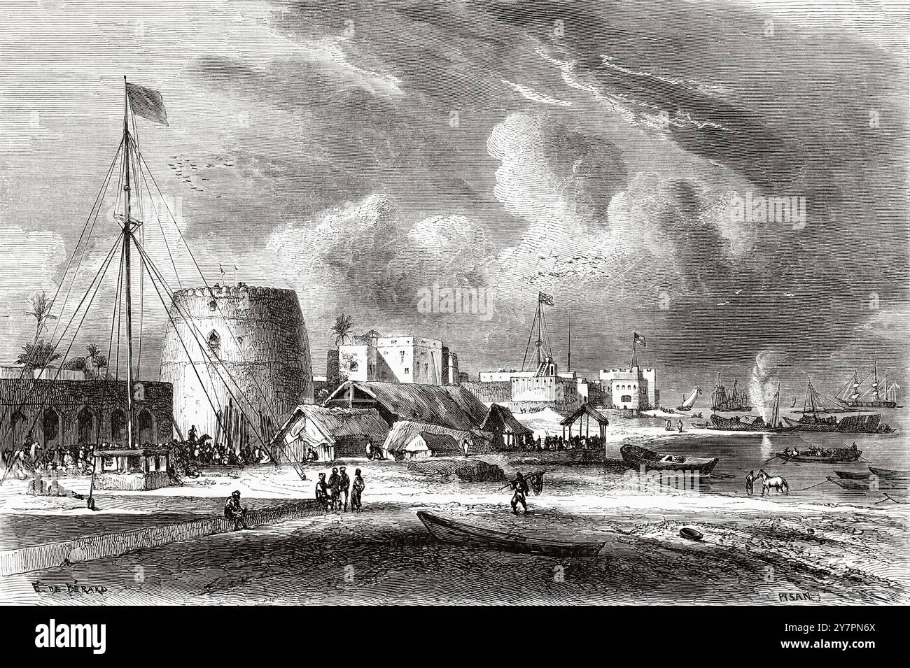 Old port of Zanzibar city, Tanzania. Africa. Drawing by Evremond de Berard (1824-1881) Journey ...