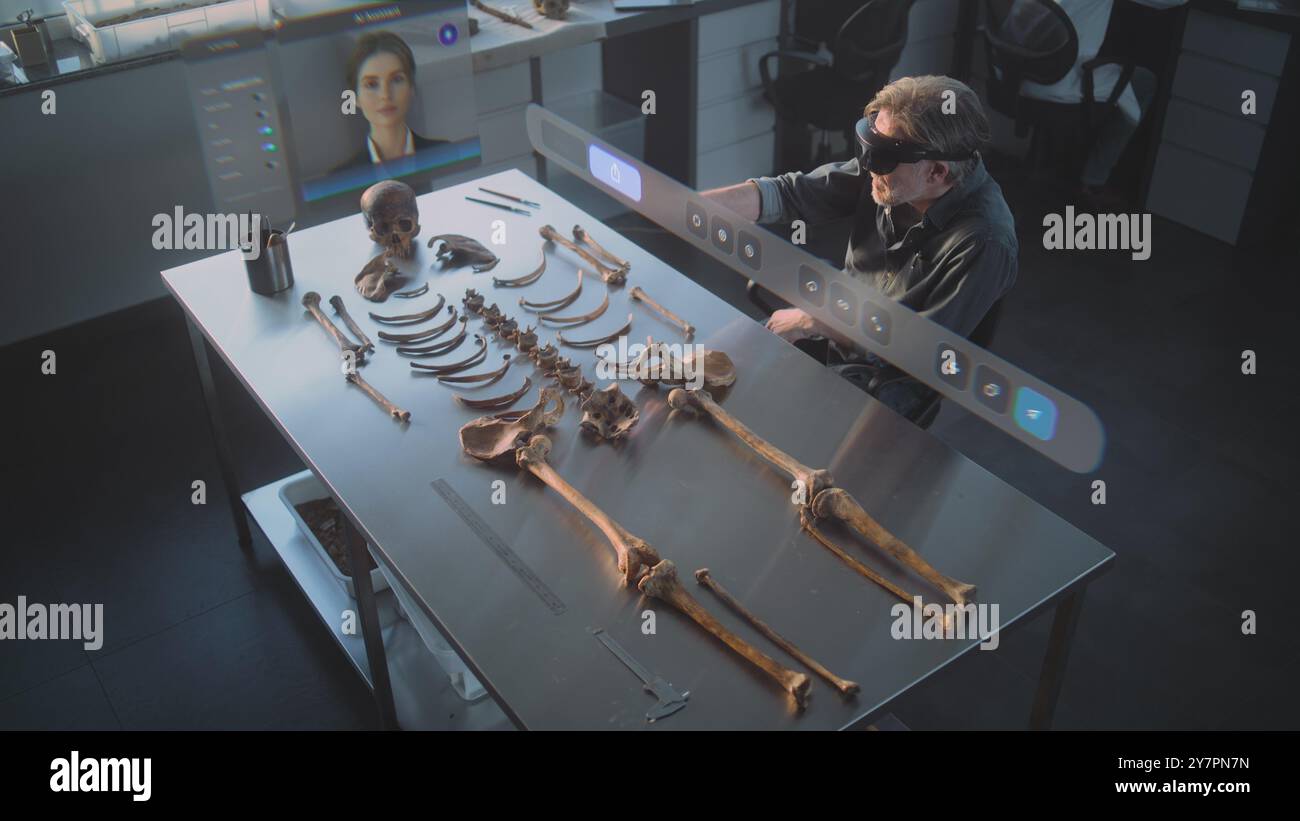Archaeological lab: Archaeologist in VR headset conducts skeleton bones ...