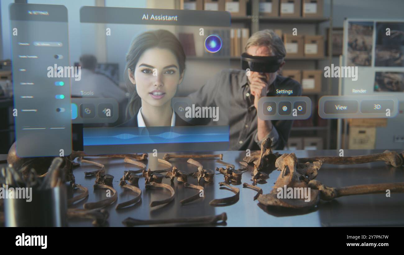Advanced archaeological lab: Archaeologist in VR headset conducts bones examination of ancient ...