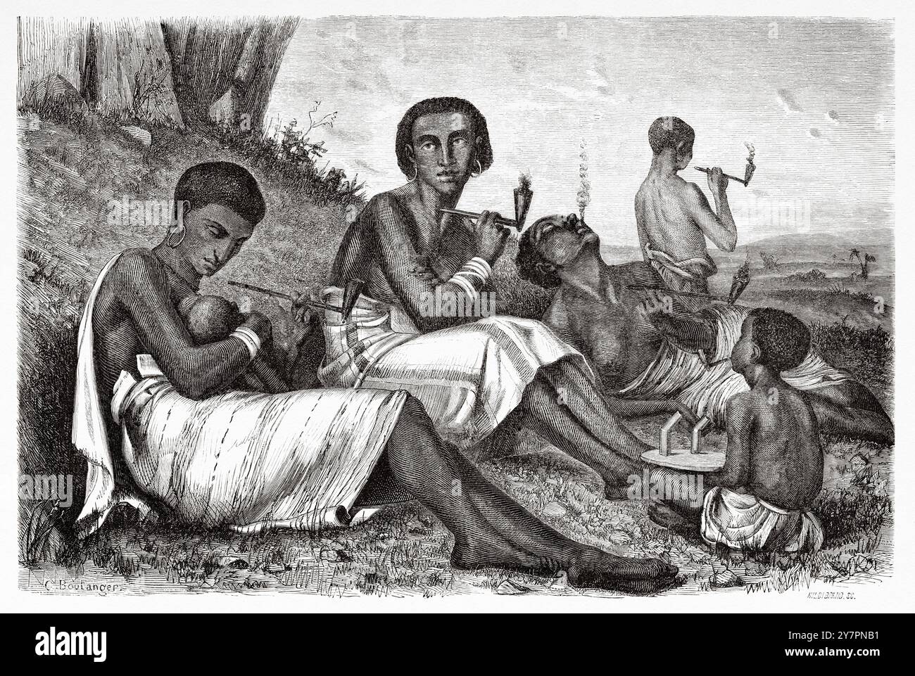 Women smoking tobacco in a pipe, Tabora city, Tanzania. Africa. Drawing ...