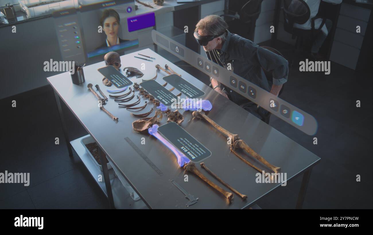 Archaeological lab: Archaeologist in VR headset conducts skeleton bones examination using ...