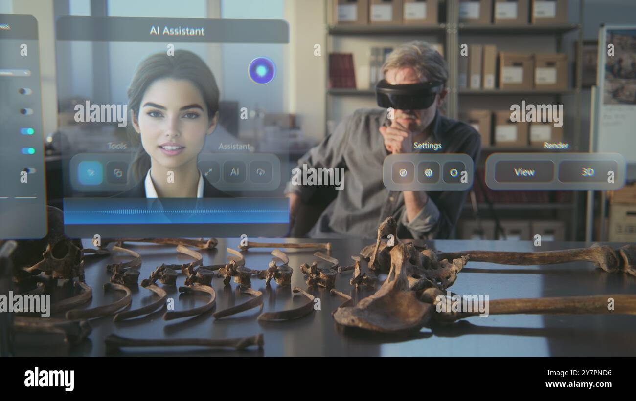 Advanced archaeological lab: Archaeologist in VR headset conducts bones examination of ancient ...