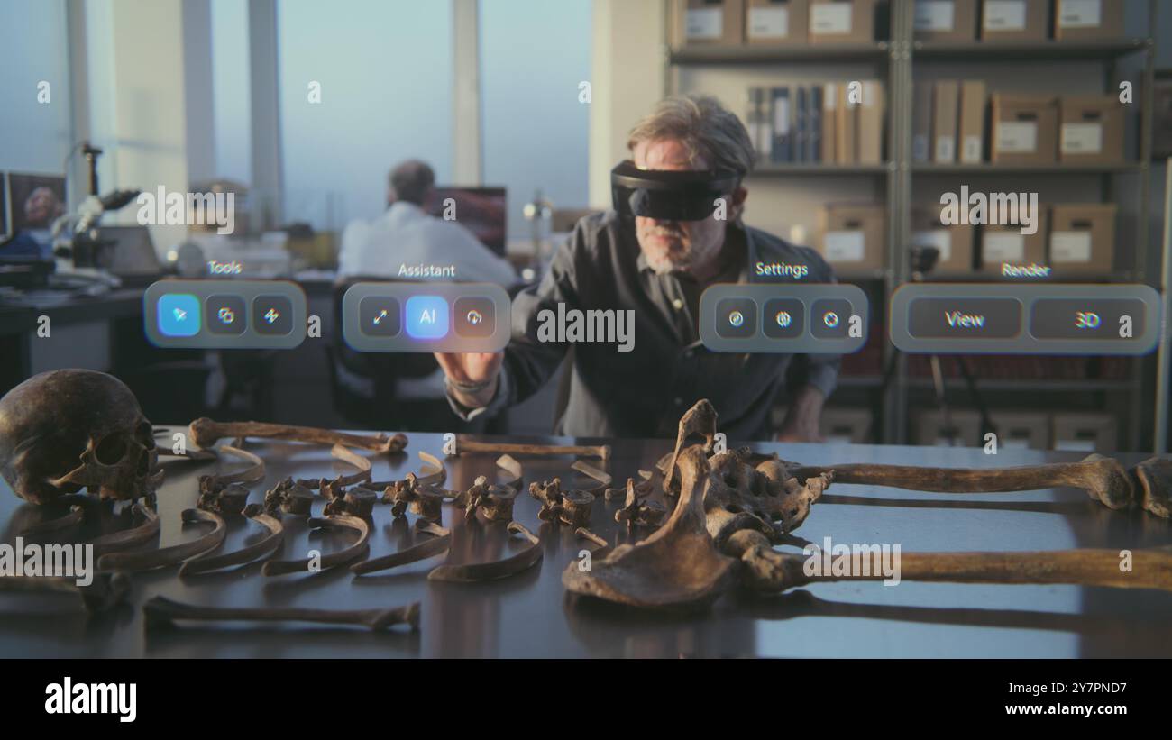 Advanced archaeological lab: Archaeologist in VR headset conducts bones examination of ancient ...